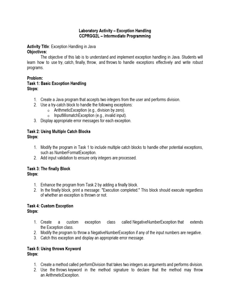 Laboratory Activity - Exception Handling | PDF | Method (Computer Programming) | Java ...
