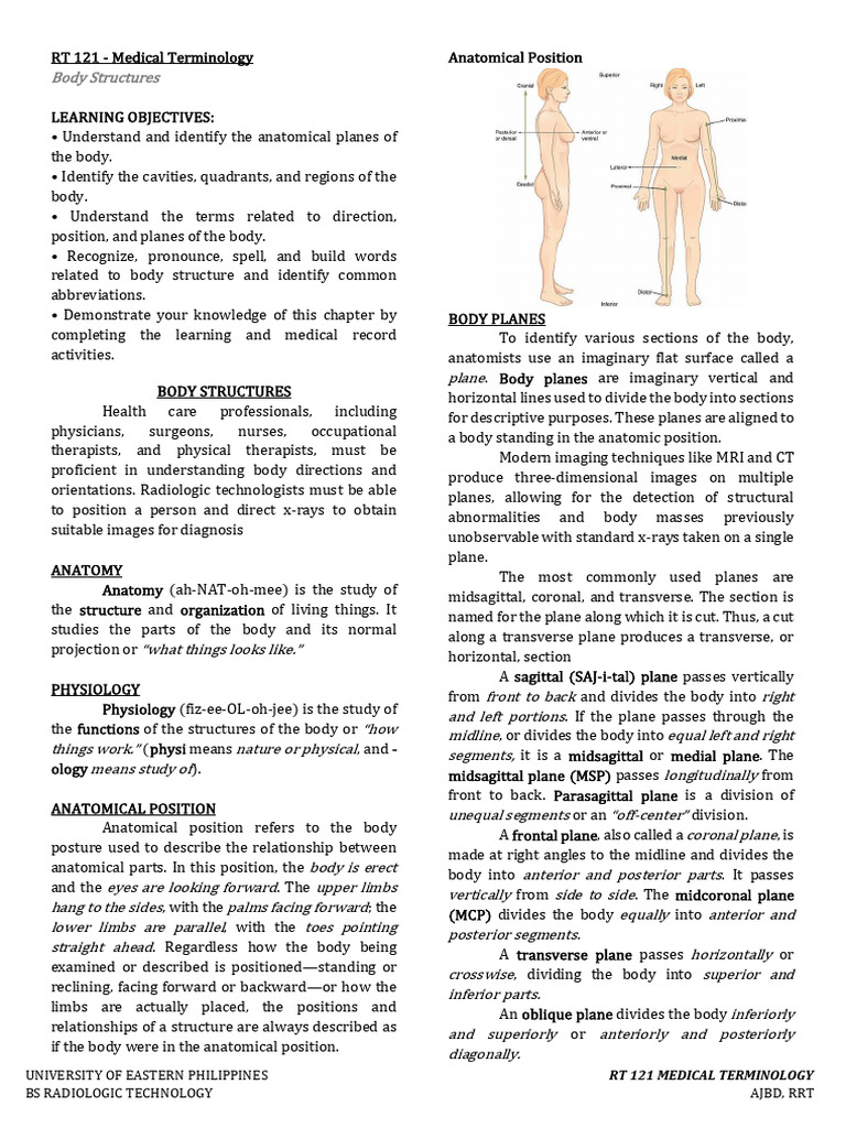 RT 121 - Medical Terminology 3 | PDF | Anatomical Terms Of Location ...