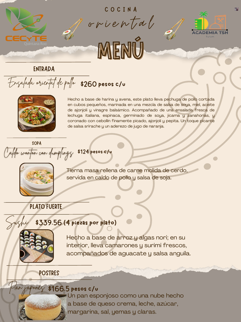 Menú de Cocina Oriental y Postres | PDF