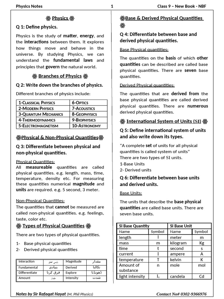 Physics 9th New Book NBF Notes 1 | PDF | Observational Error ...