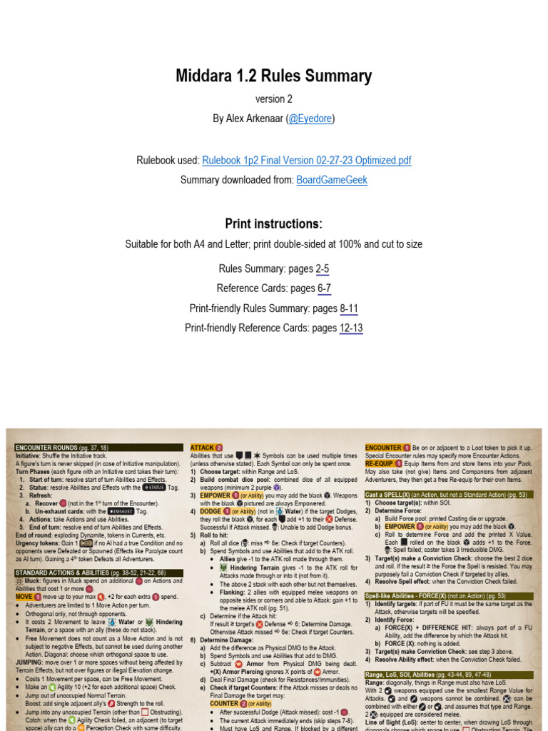 Middara 1.2 Rules Summary v2 | PDF