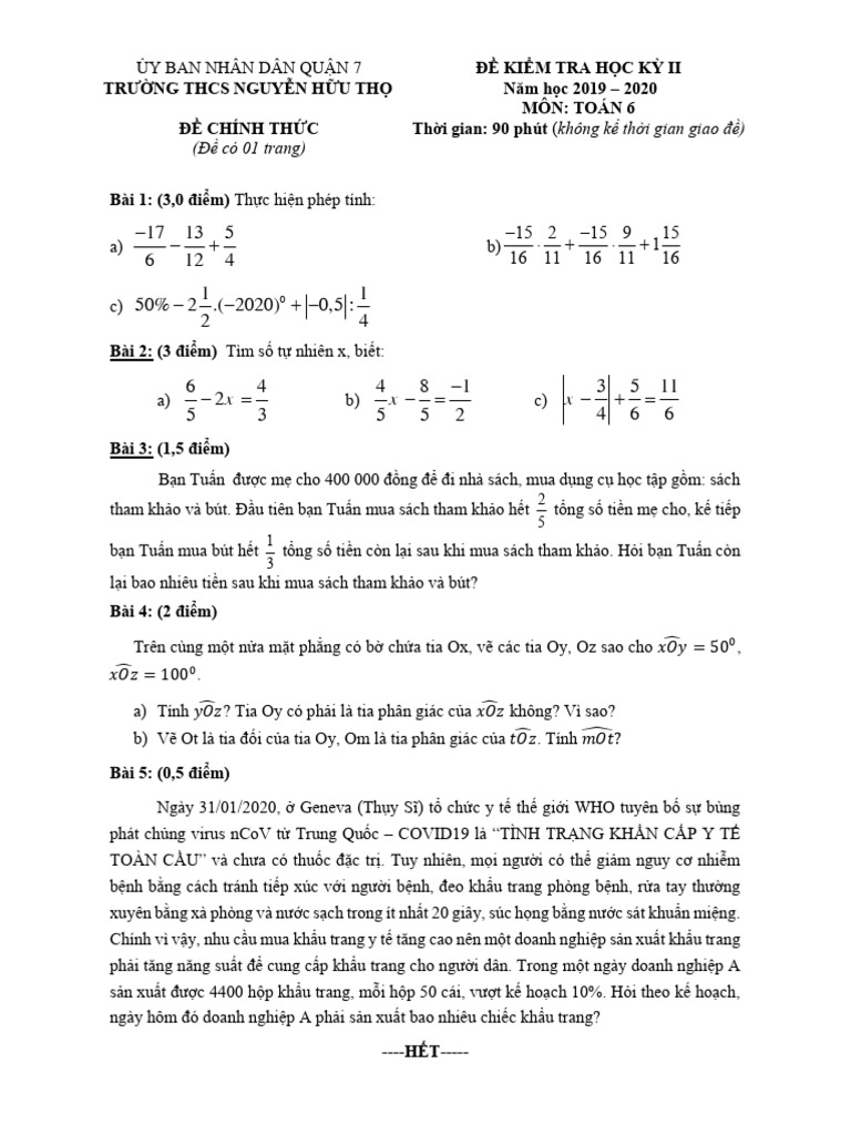 De Thi hk2 Toan 6 Nam 2019 2020 Truong Thcs Nguyen Huu Tho TP HCM | PDF