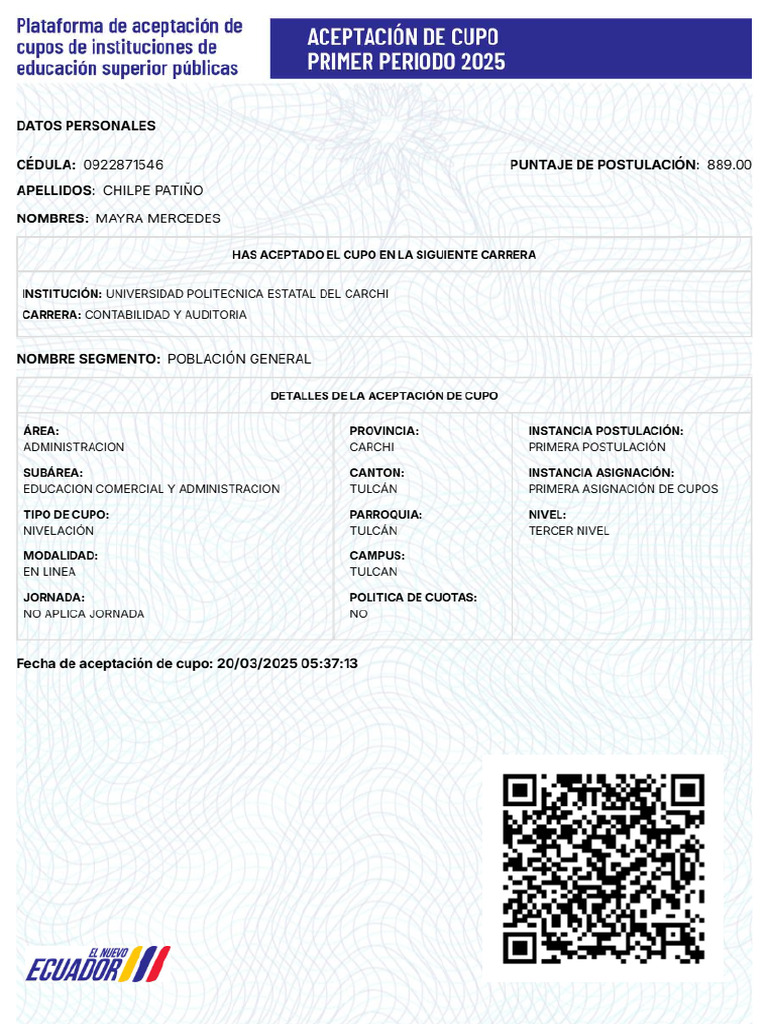 Comprobante Aceptacion Cupo | PDF