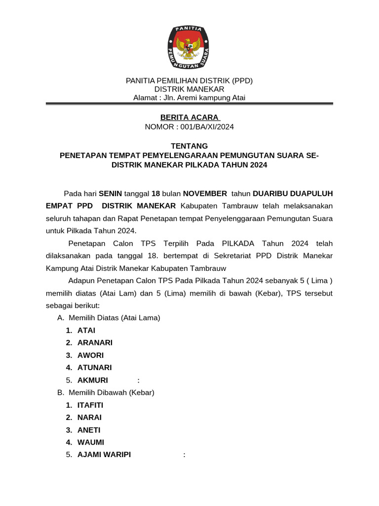 Berita Acara Tempat TPS | PDF