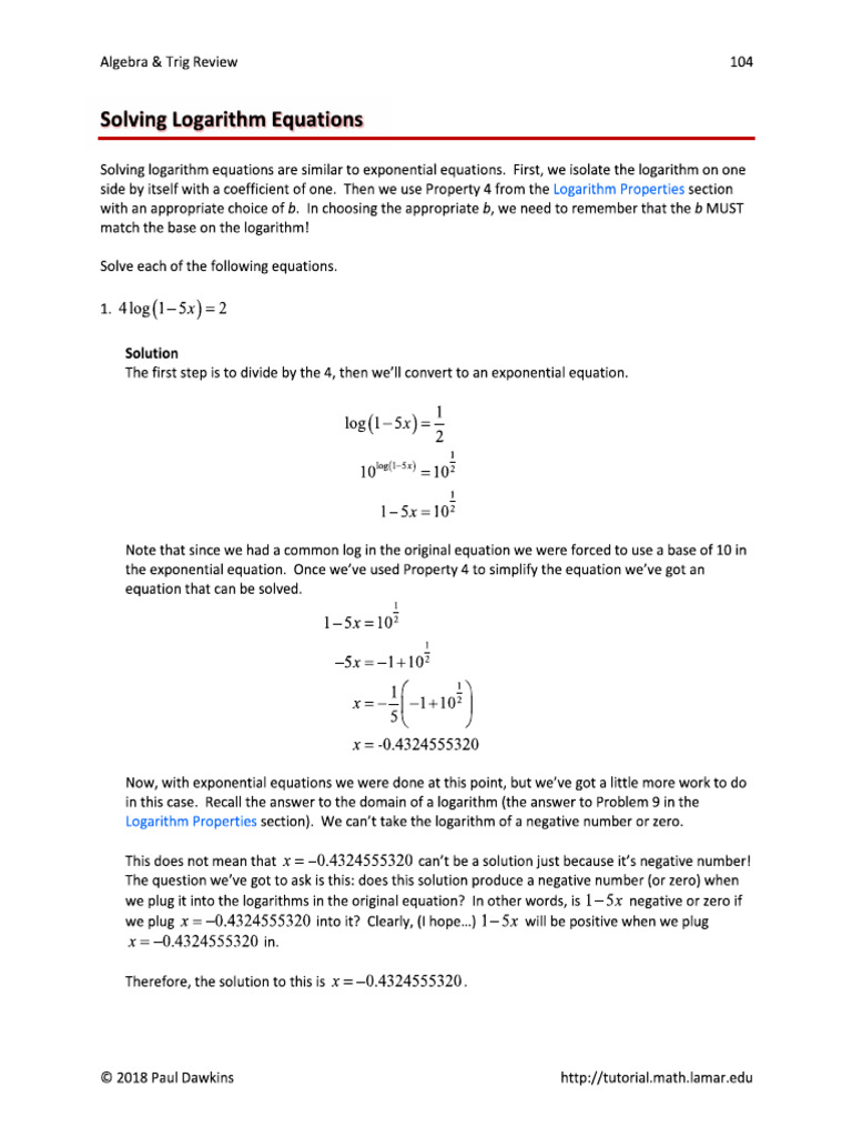 Logarithm Review Solving 25 | PDF