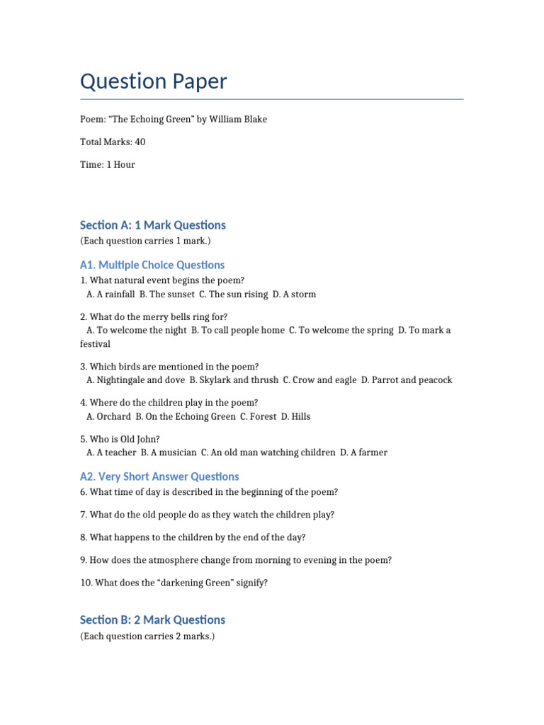 Echoing Green Questions for Class 7 | PDF