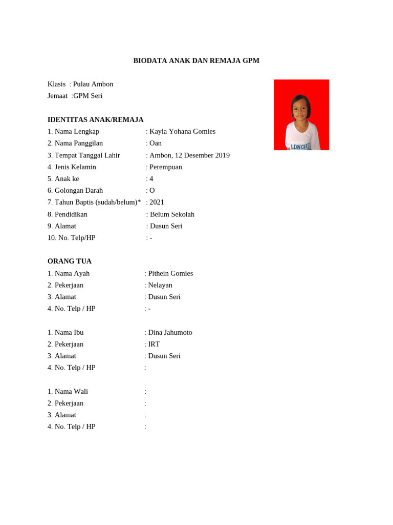Biodata Anak GPM Pulau Ambon | PDF