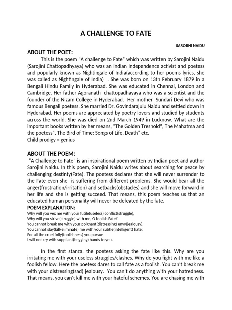 Sarojini Naidu's "A Challenge to Fate" | PDF