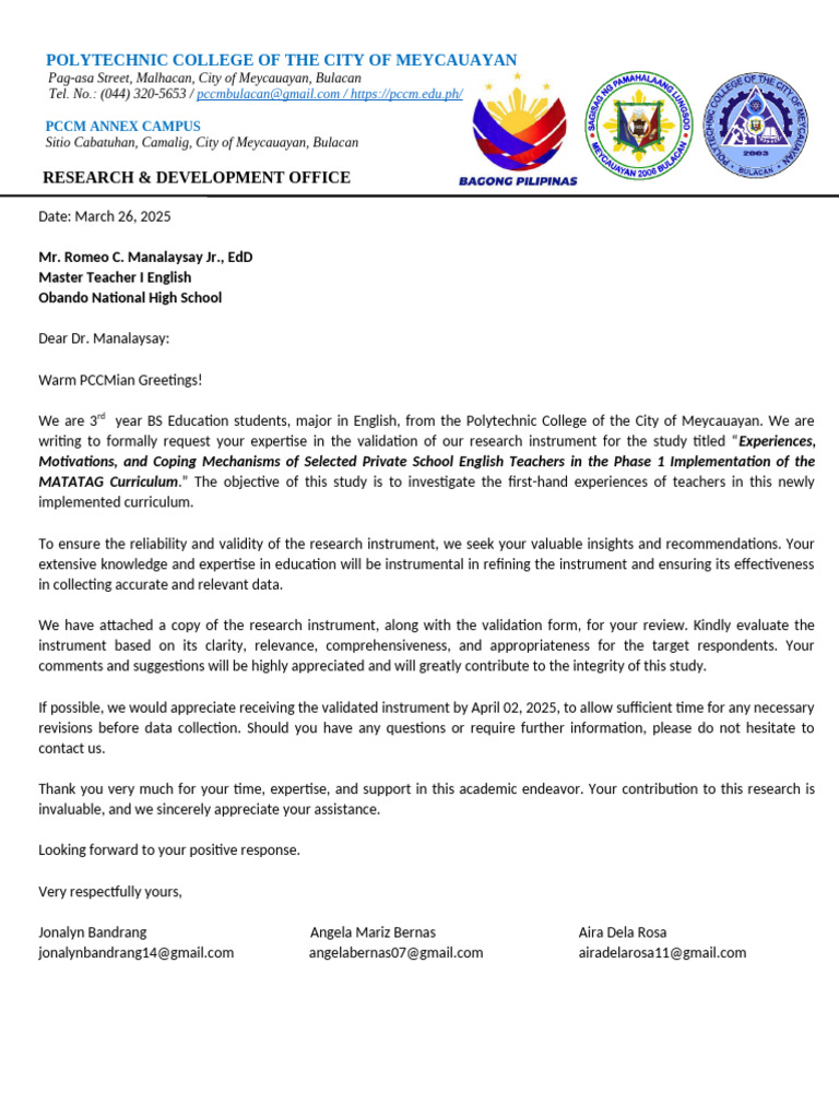 ENGLISH Letter of Validation of Instrument | PDF | Educational ...