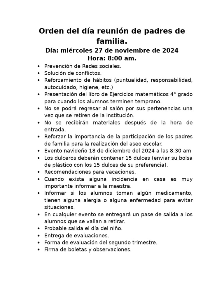 Orden Del Día Reunión de Padres de Familia | PDF