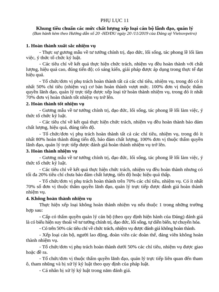 Phu Luc 11 - Khung Tieu Chuan Xep Loai CB Lanh Dao | PDF