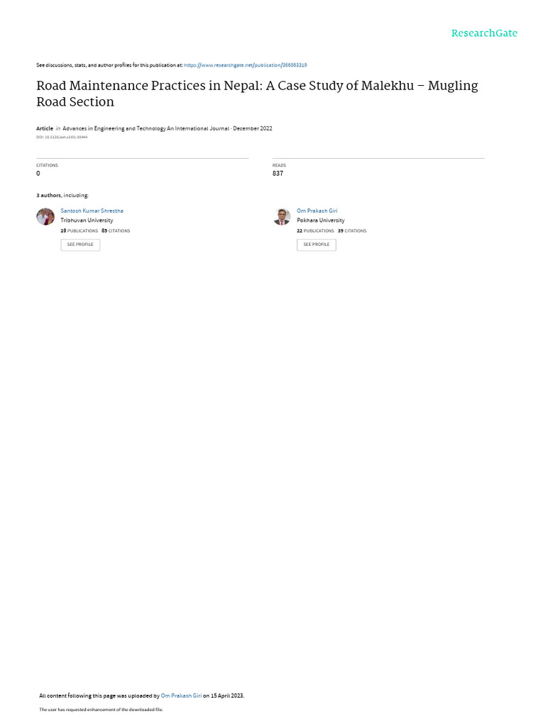 Road Maintenance Practices in Nepal - A Case Study of Malekhu - Mugling ...