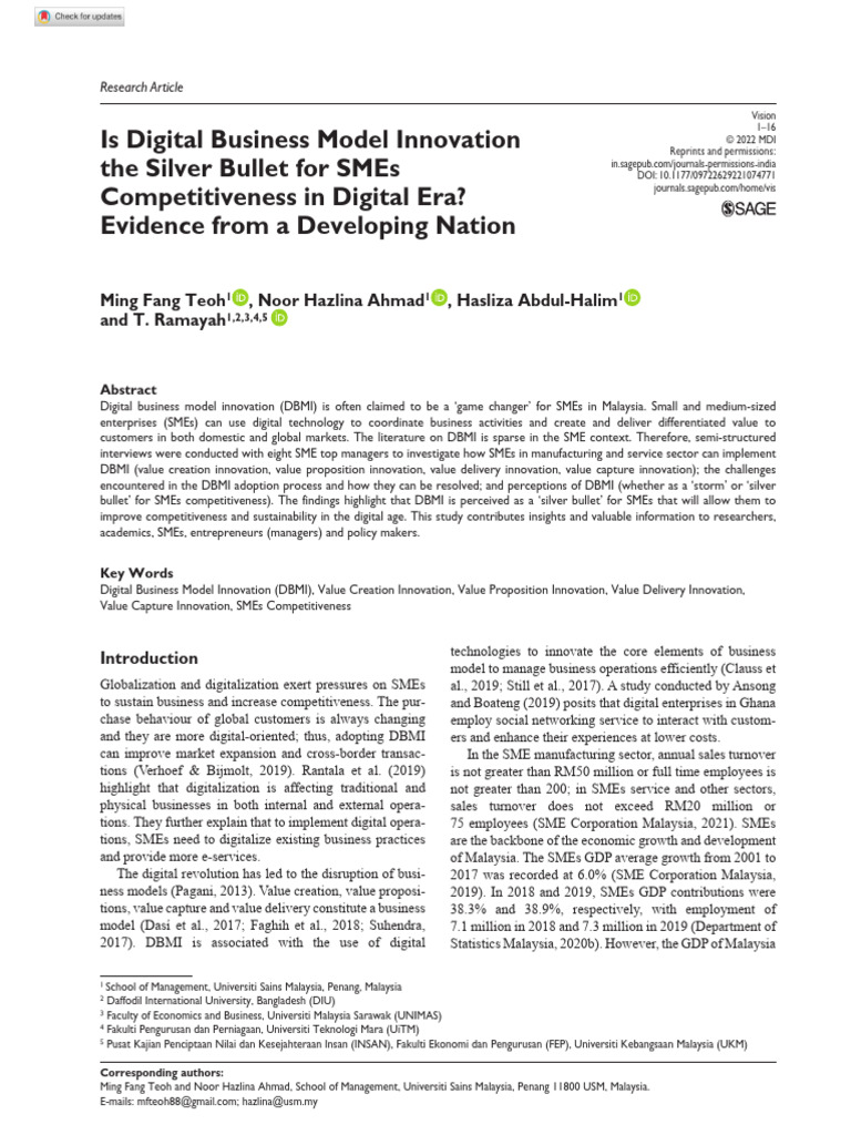 Teoh Et Al 2022 Is Digital Business Model Innovation The Silver Bullet For Smes Competitiveness ...