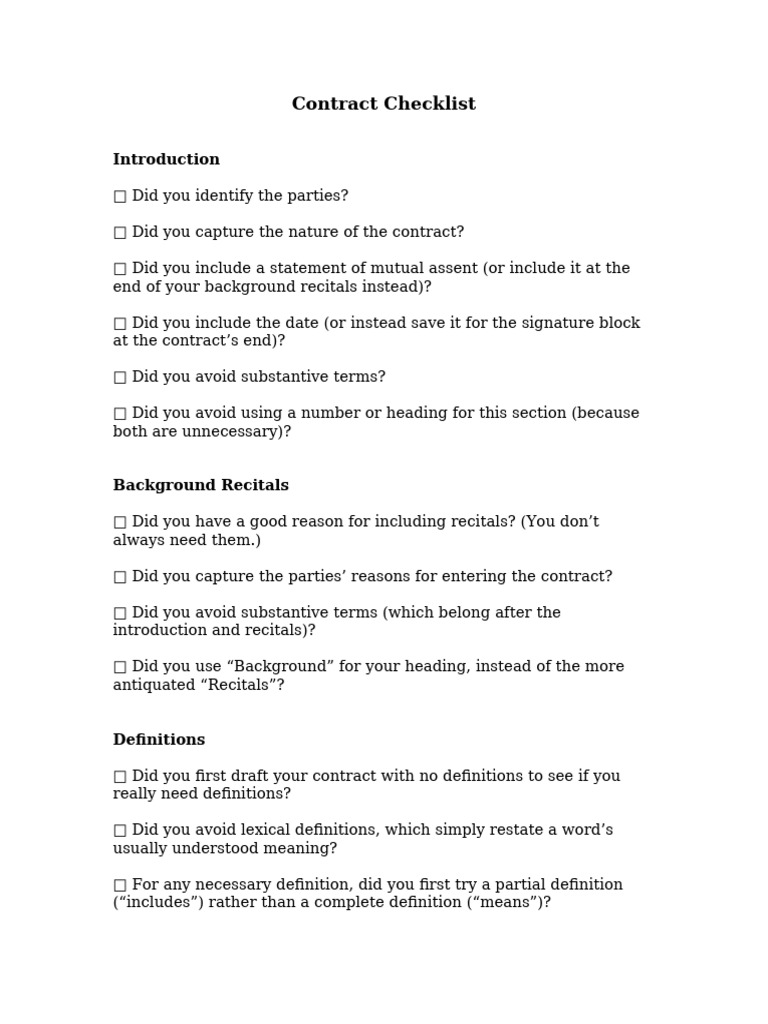 Essential Contract Drafting Checklist | PDF | Word | Grammatical Number