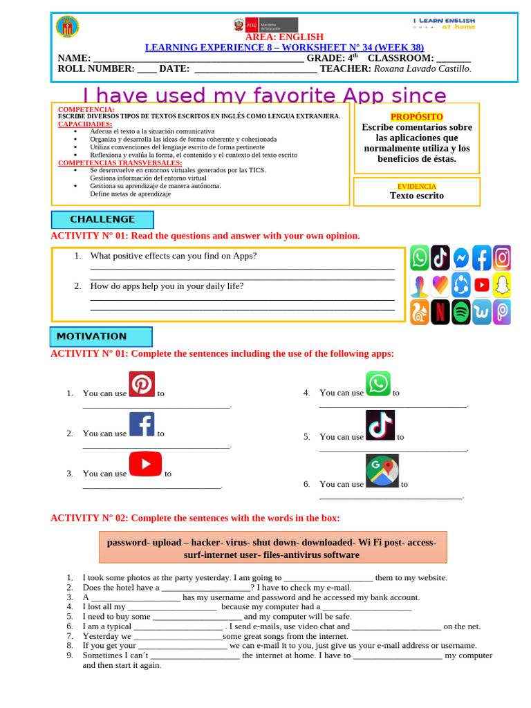 Writing Worksheet 34-Week 38 | PDF | Mobile App | Spotify