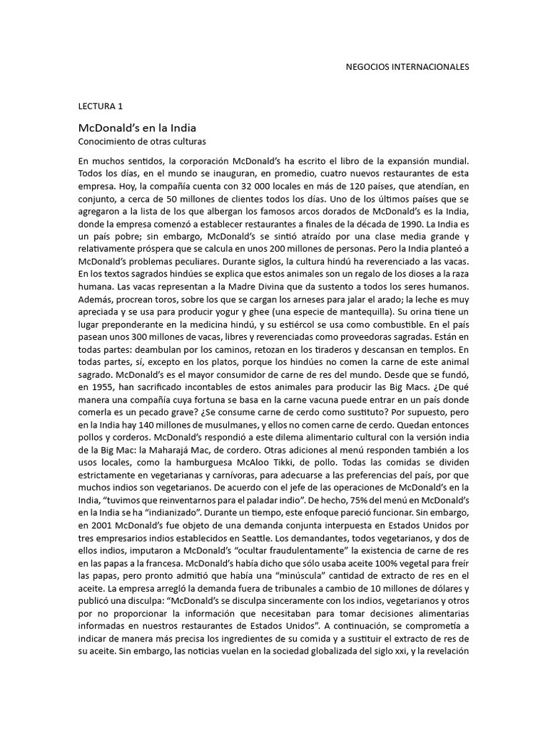Lectura 1 - Negocios Internacionales | PDF | Mc Donald's | Carne