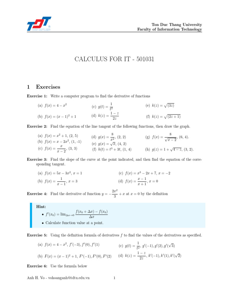 Calculus Exercises for IT Students | PDF | Tangent | Mathematics