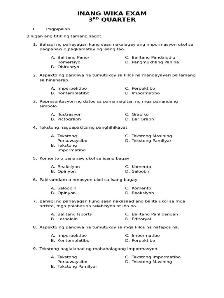 Inang Wika Grade 3 3rd Quarter Exam | PDF