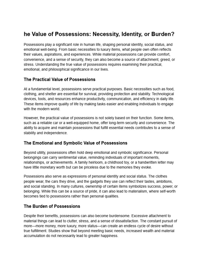 The Value of Possessions - Necessity, Identity, or Burden | PDF ...