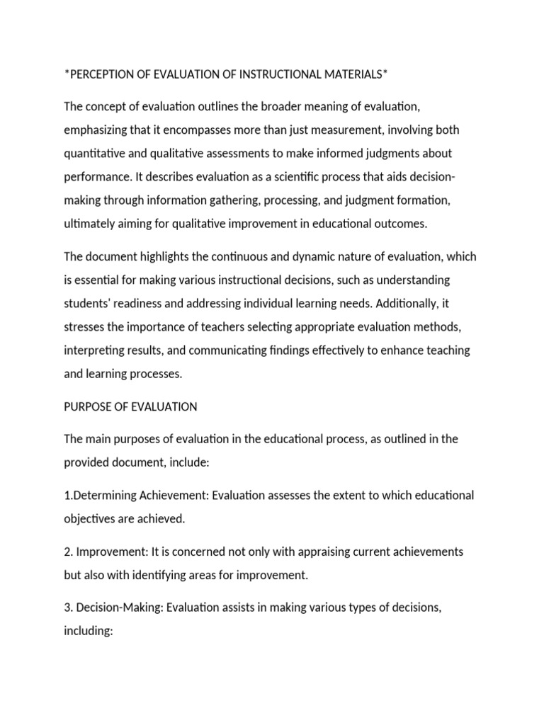PERCEPTION OF EVALUATION | PDF | Evaluation | Learning
