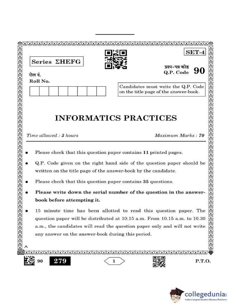 CBSE Class 12 Informatics Practice Question Paper 2023 Set 4-90 | PDF
