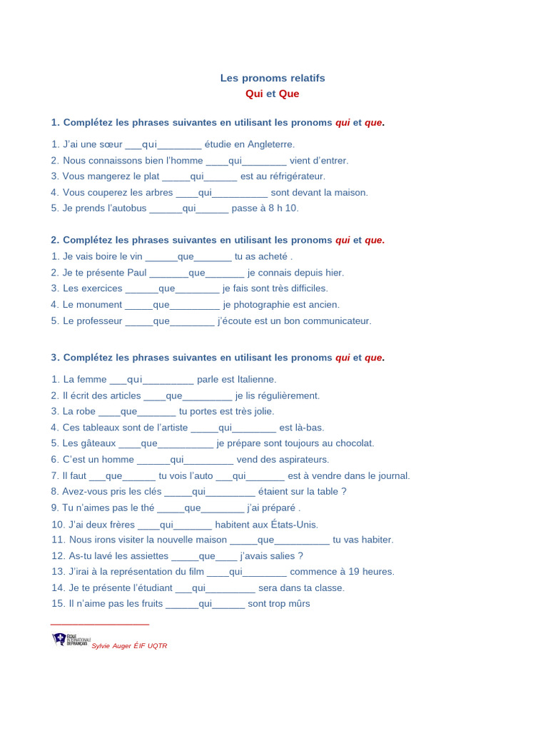Exercices sur les pronoms relatifs | PDF