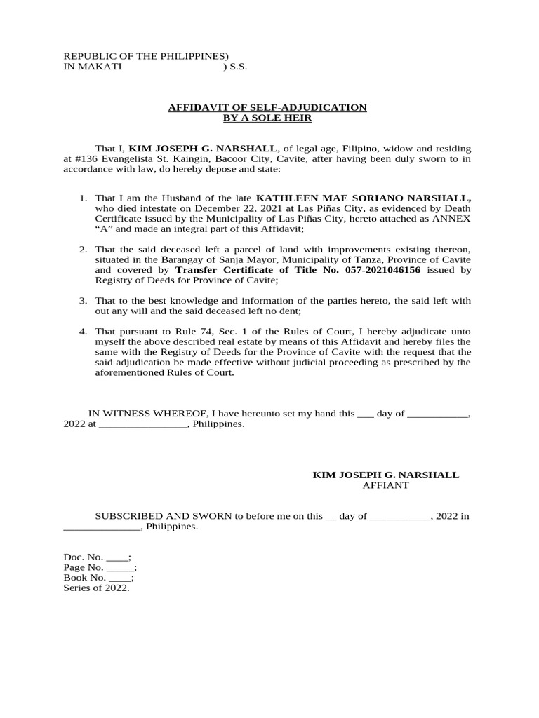 AFFIDAVIT OF SELF-ADJUDICATION kim joseph | PDF
