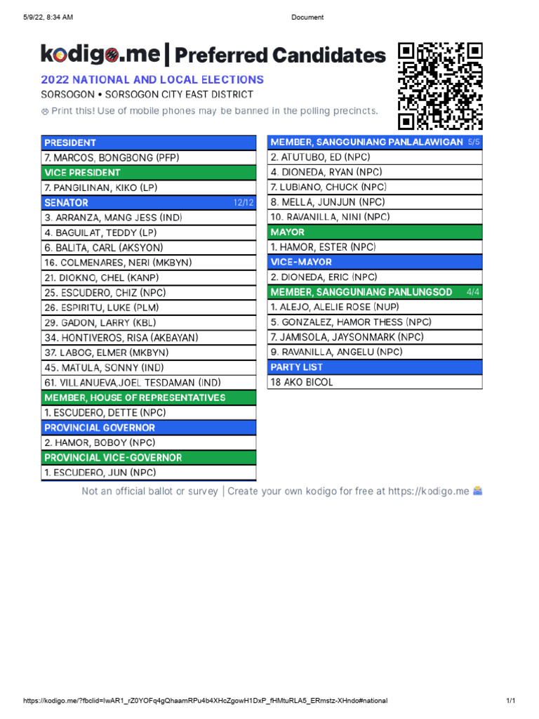 Kodigo - Me ? - PH Election 2022 Ballot Kodigo Generator | PDF