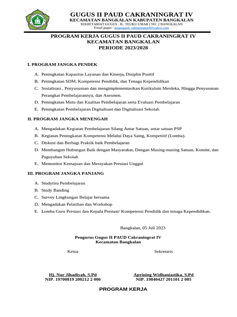 PROGRAM KERJA GUGUS II PAUD CAKRANINGRAT IV (3) | PDF