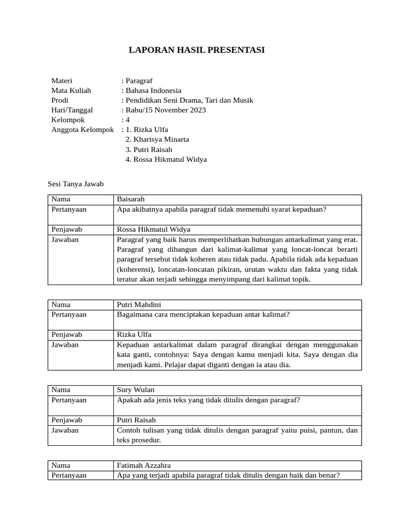 Laporan Presentasi Bahasa Indonesia | PDF
