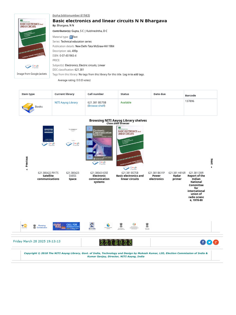 Details For - Basic Electronics and Linear Circuits NITI Aayog Library | PDF | Electricity ...