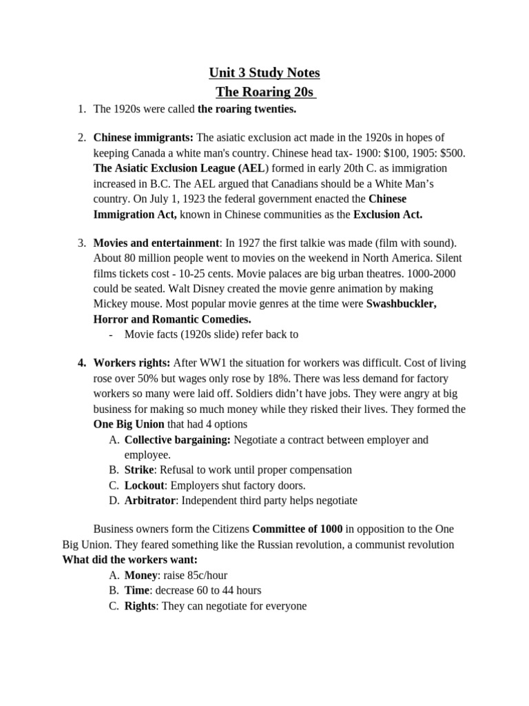Grade 10 Canadian History - The Roaring 20s Study Notes | PDF | Cost Of ...