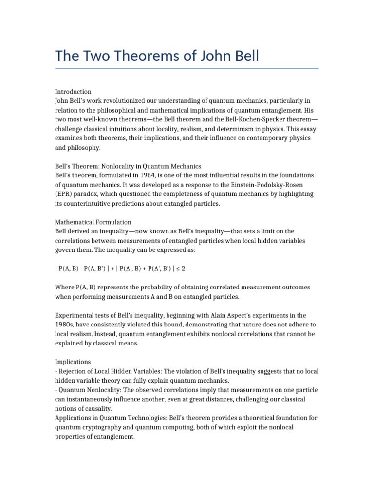 John Bell Theorems Essay | PDF | Quantum Entanglement | Quantum Mechanics
