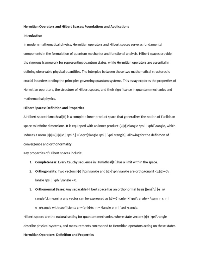 Hermitian Operators and Hilbert Spaces | PDF | Hilbert Space | Quantum ...