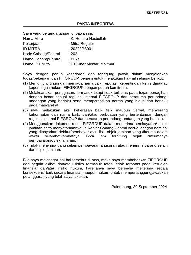 Pakta Integritas - Eksternal | PDF