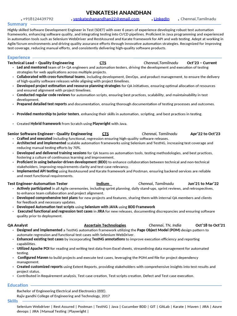 Sripriya Resume Test Lead | PDF | Software Testing | Selenium (Software)