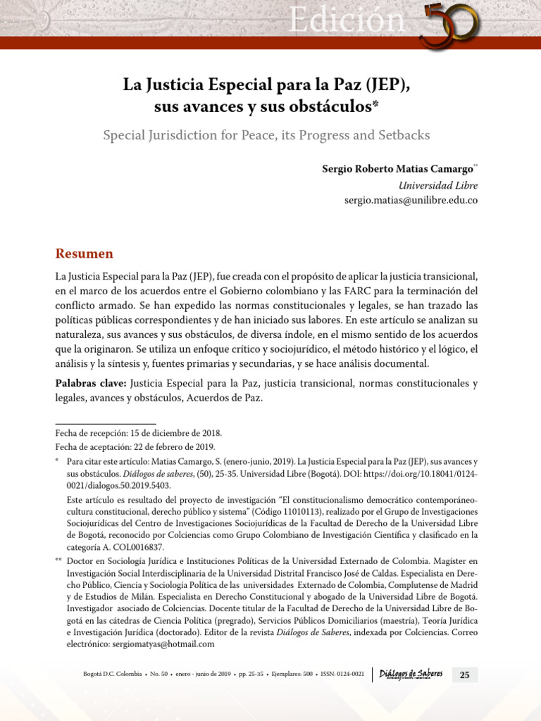 Matias Camargo. La Justicia Especial para La Paz (JEP) | PDF | Justicia | Crimen y violencia