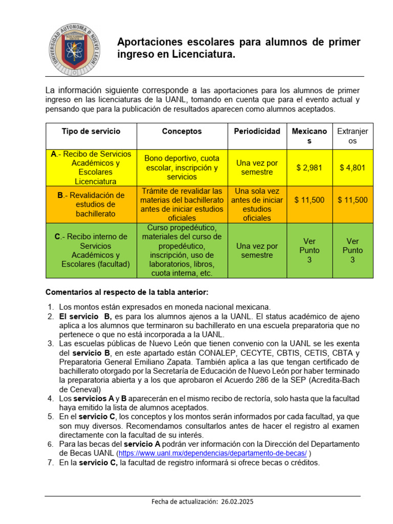 UANL Aportaciones Escolares para Primer Ingreso NS 2025 v1 | PDF