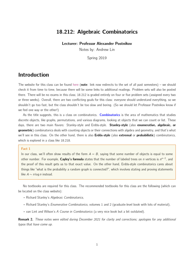 18.212: Algebraic Combinatorics: Lecturer: Professor Alexander ...
