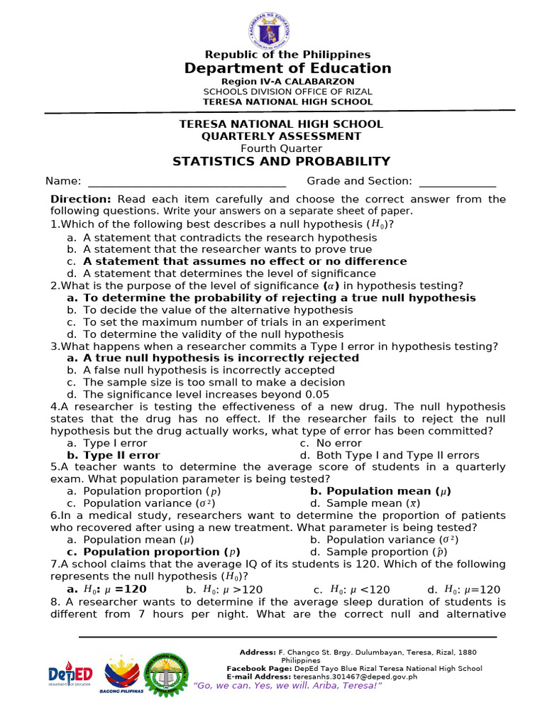 Fourth Quarter Assessment: Statistics & Probability | PDF | Type I And ...