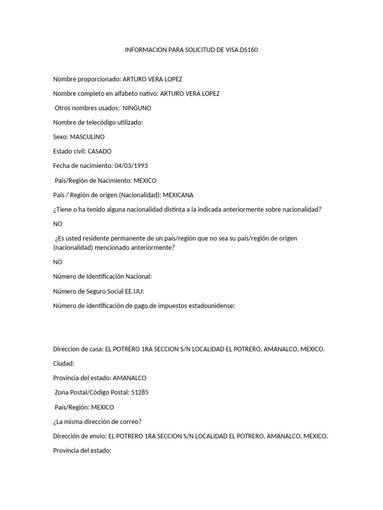 Solicitud de Visa DS-160 México | PDF | Visa de viaje | Gobierno y ...