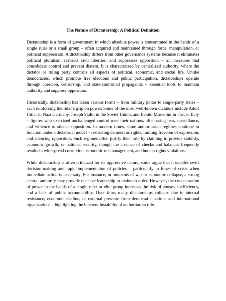 Definition Paragraph - Dictatorship | PDF