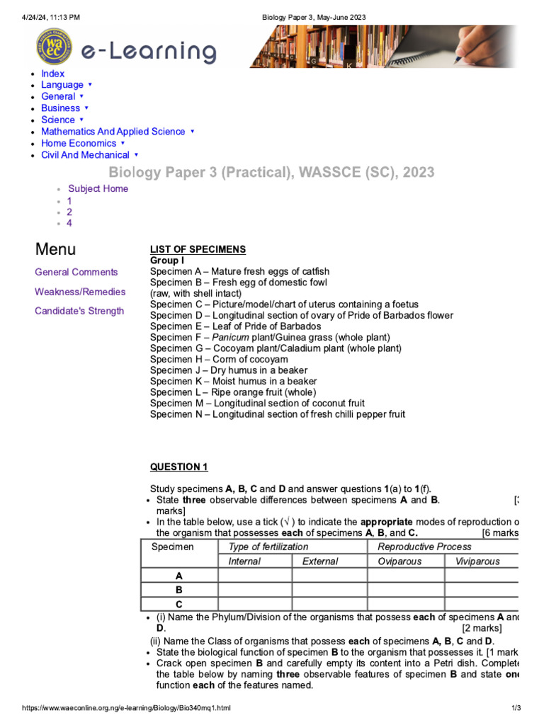 Wassce 2023 Biology Paper 3 Practical Past Questions and Answers | PDF