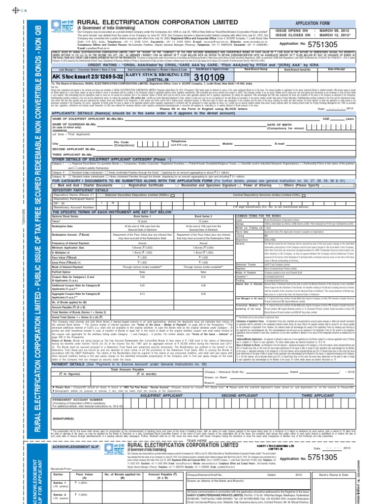 REC TAx Free Bond Application Form | PDF | Debenture | Bonds (Finance)