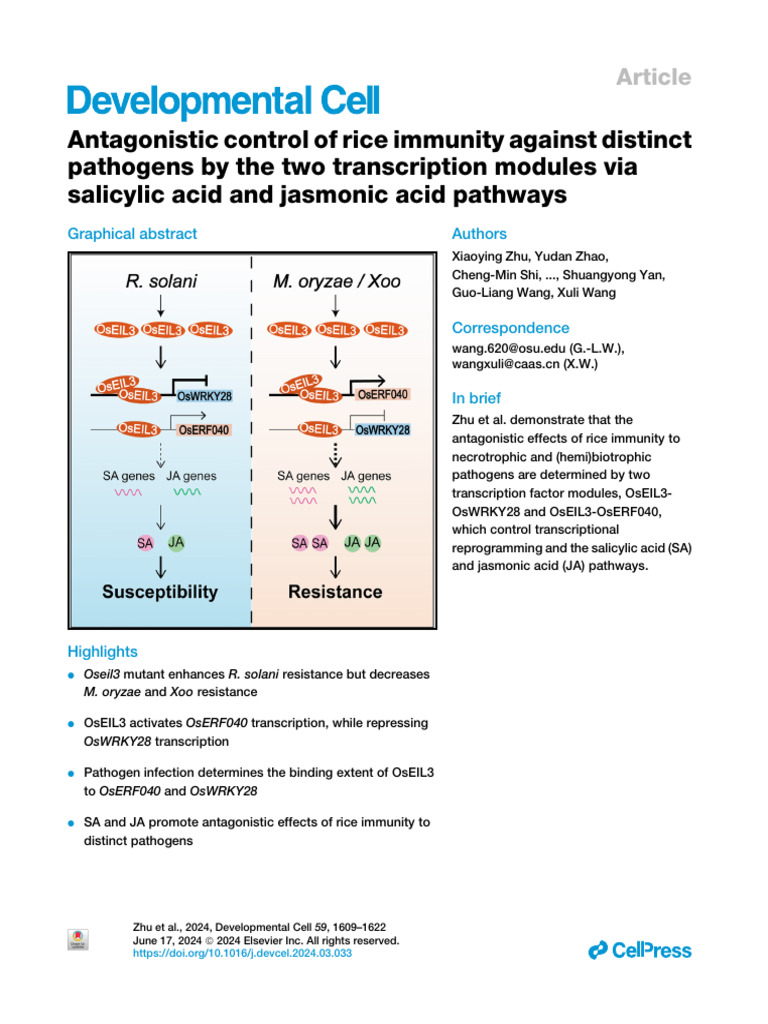 Antagonistic Control of Rice Immunity Against Distinct Pathogens by The ...