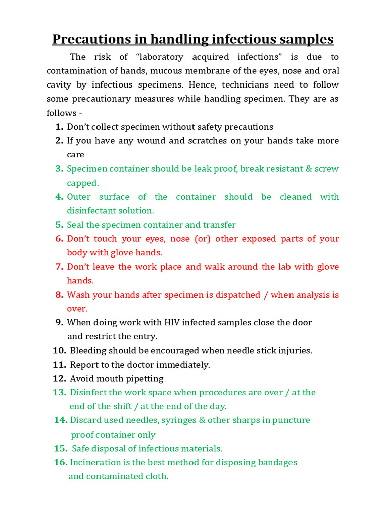 Precautions in Handling Infectious Samples | PDF