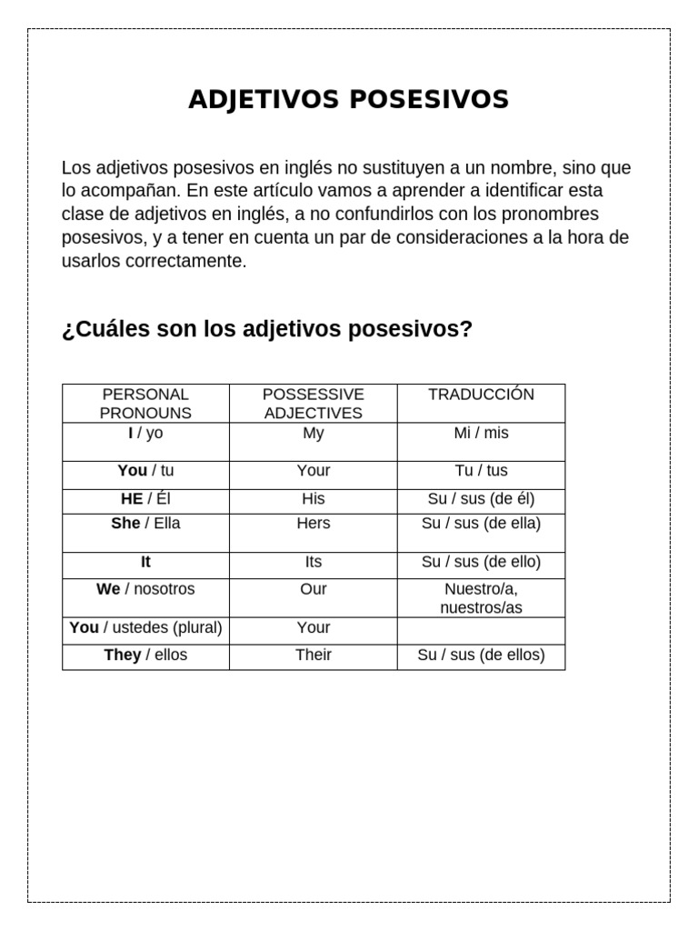 Uso de Adjetivos Posesivos en Inglés | PDF | Adjetivo | Verbo
