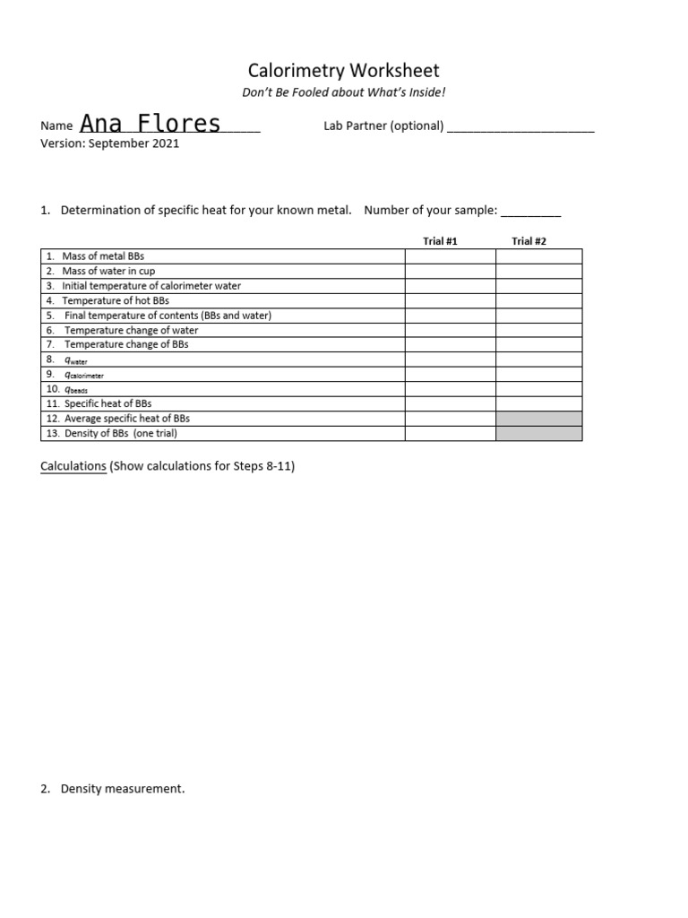 Chem 105, Experiment, Calorimetry, Worksheet | PDF | Heat | Scientific ...