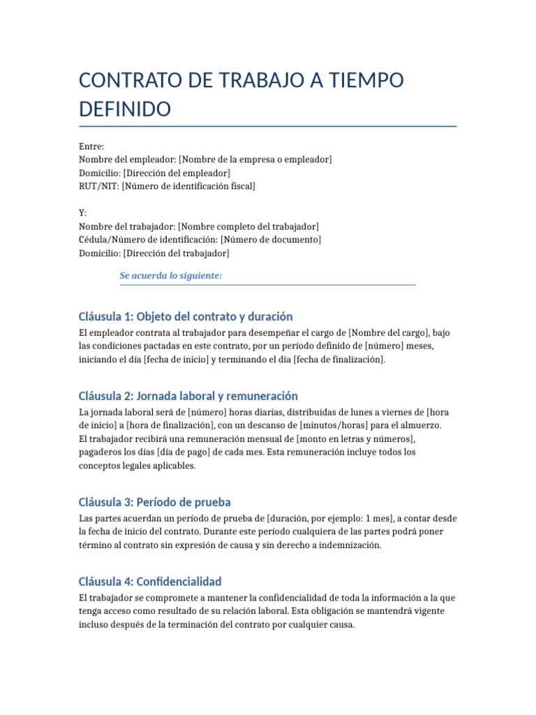 Contrato Trabajo Tiempo Definido | PDF | Derecho laboral | Salario
