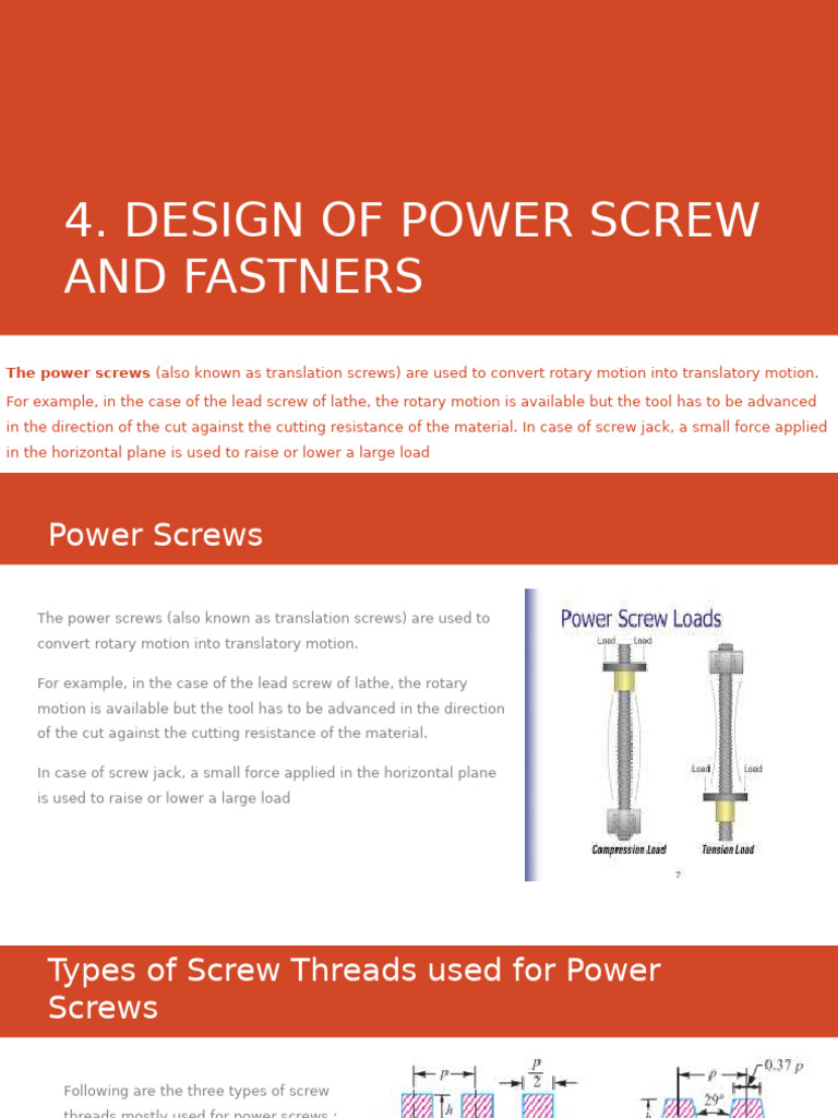 Design of Power Screw and Fastners | PDF | Screw | Mechanical Engineering